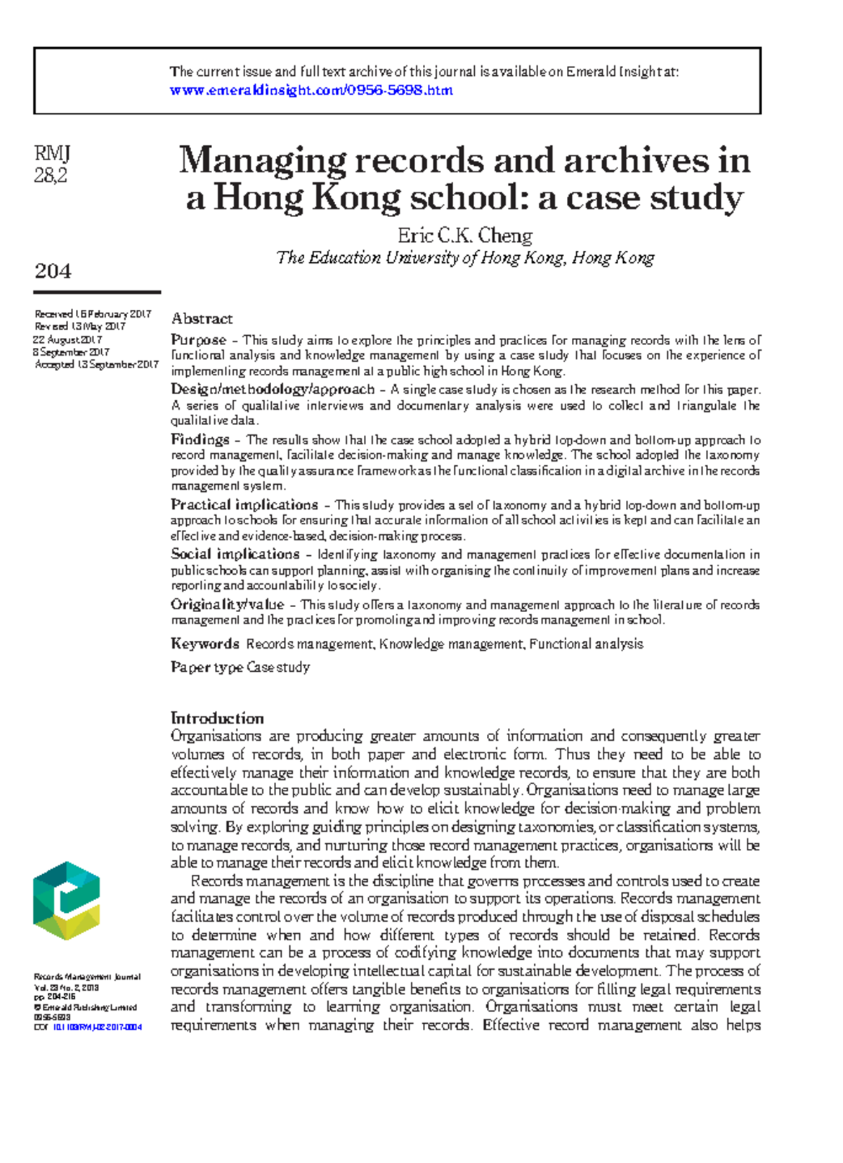 Managing Records and Archives in a Hong Kong School: Case Study - Studocu