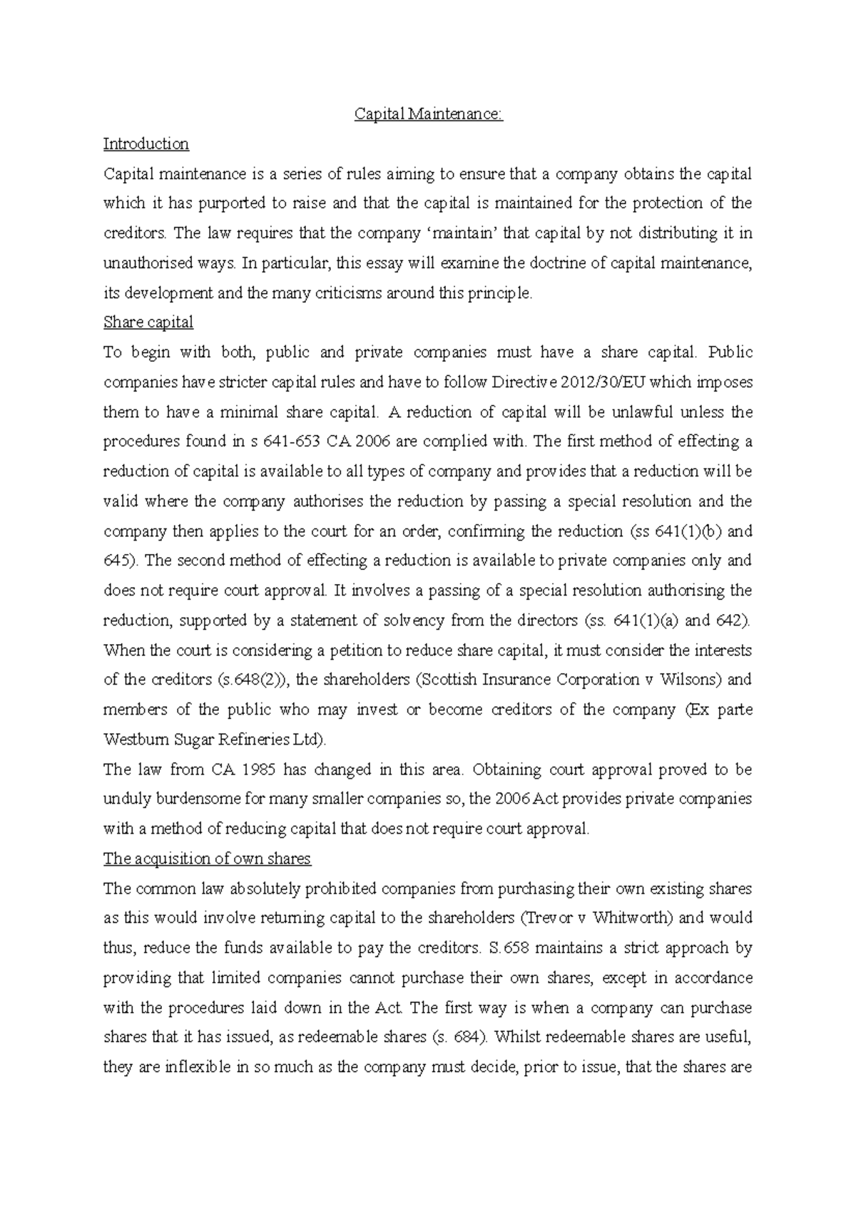 Capital Maintenance Essay - Capital Maintenance: Introduction Capital ...