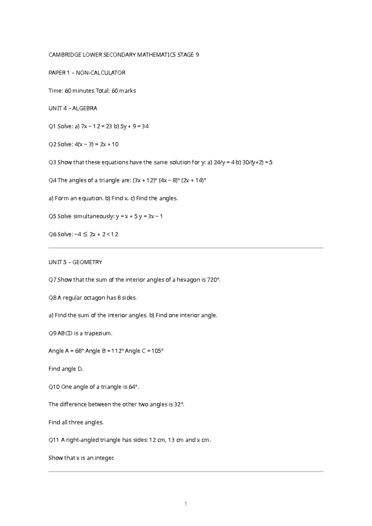 Cambridge Lower Secondary Mathematics Stage 9 - Paper 1 Exam Guide ...