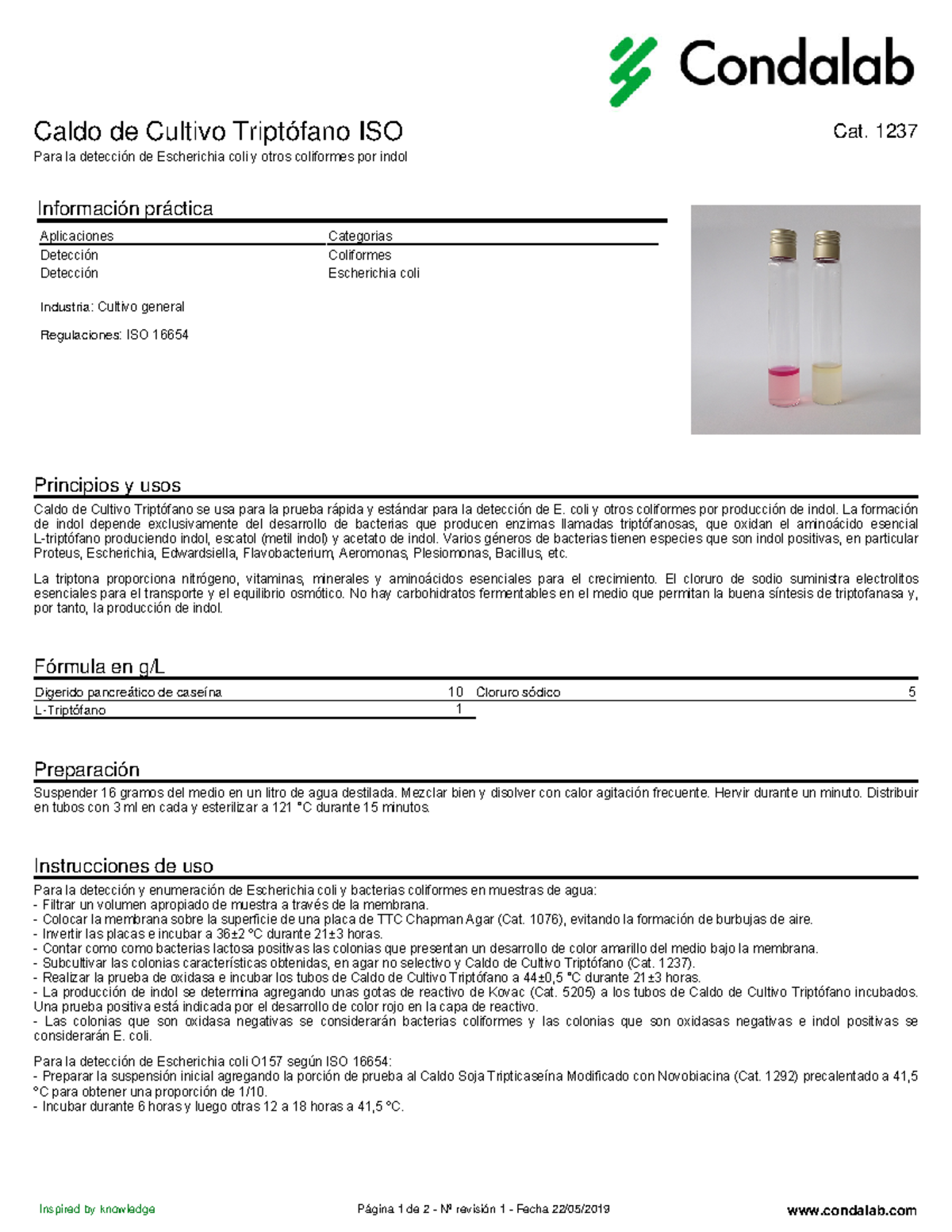 Caldo de Cultivo Triptófano ISO 1237: Detección de E. coli y Coliformes ...