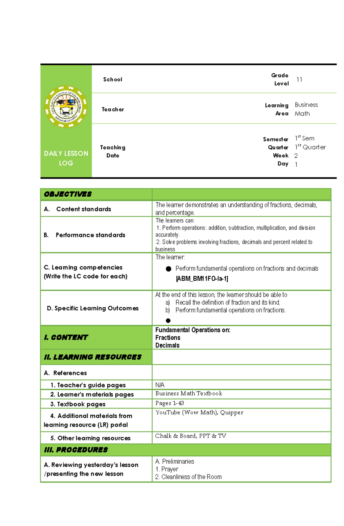 DAILY LESSON LOG: Business Math - Fundamental Operations on Fractions ...
