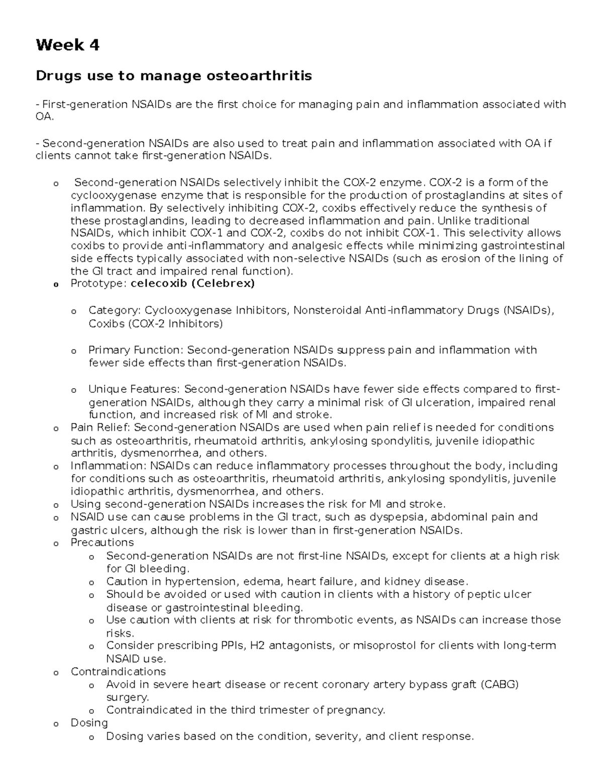 NR 565 Wk 4 Notes - Week 4 Drugs use to manage osteoarthritis - First ...