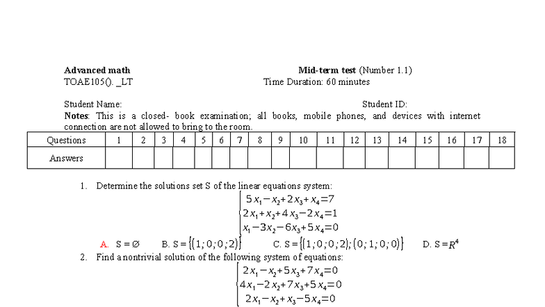 Advanced Math Test (Number 1.1) TOAE105 - 60 Min Duration - Studocu