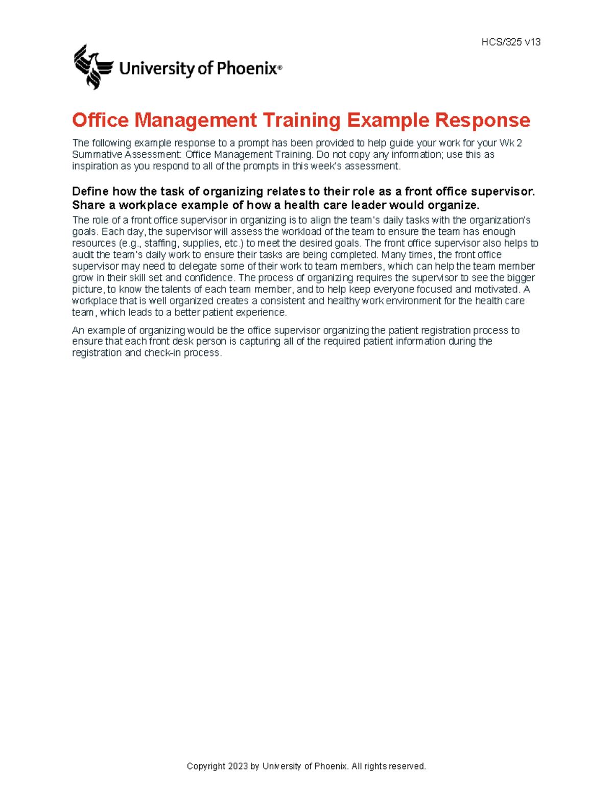 HCS/325 Wk 2 Office Management Training Example Response Guide - Studocu