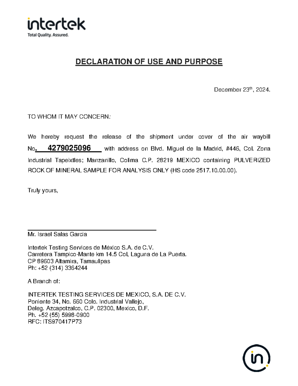 Declaration Letter for Shipment Release (LSI) - Isra - Studocu