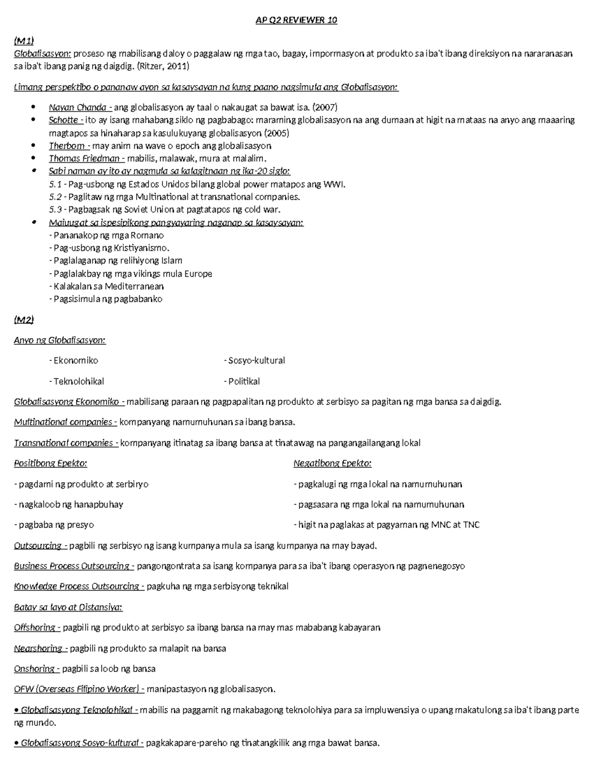 Araling Panlipunan G10-Q2 - AP Q2 REVIEWER 10 (M1) Globalisasyon ...