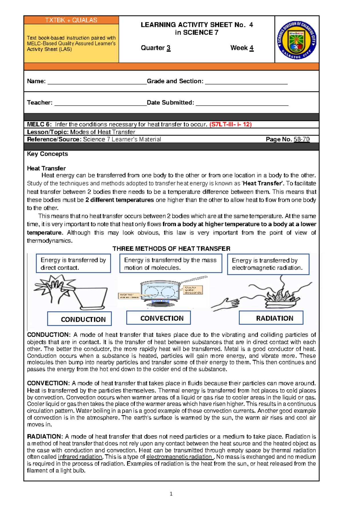 LAS4 Q3 Modes of Heat Transfer and Charging Processes Overview - Studocu
