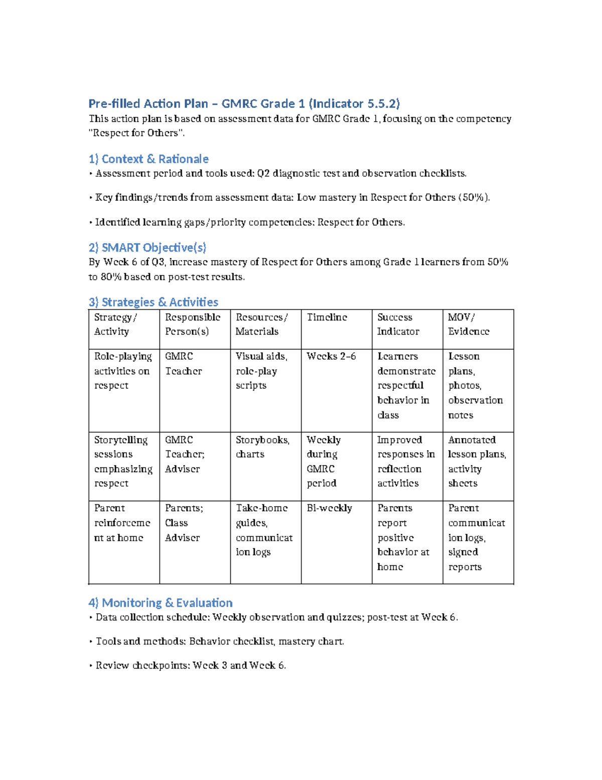 GMRC Grade 1 Action Plan: Enhancing Respect for Others Skills - Studocu