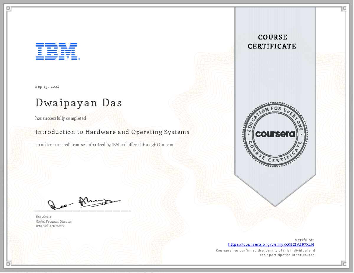 Coursera XK82IVZ97XLN: Completion Certificate for IBM Hardware Course ...