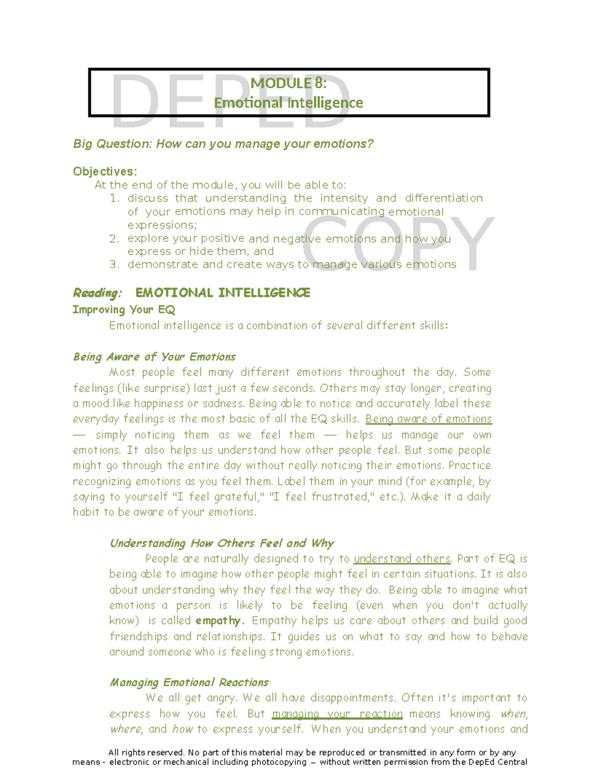 DEPED MODULE 8: Mastering Emotional Intelligence and Self-Management ...