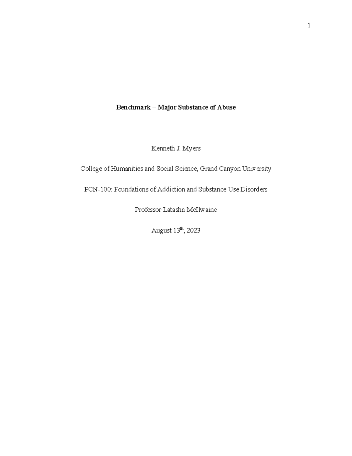 PCN-100: Major Substances of Abuse Benchmark Essay by Kenneth Myers ...