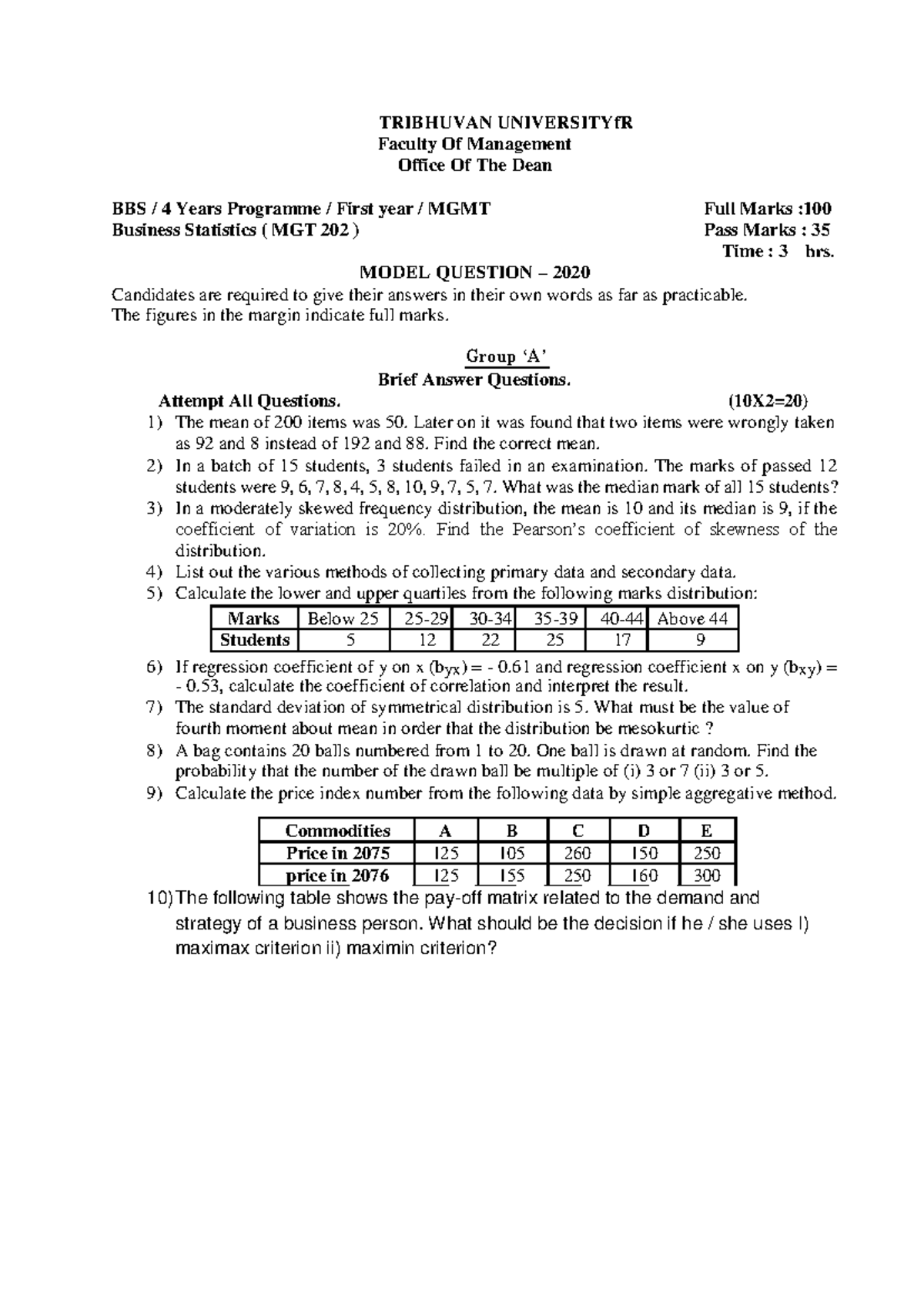 BBS 1st Year MGMT 202: Business Statistics Model Question Paper 2020 ...