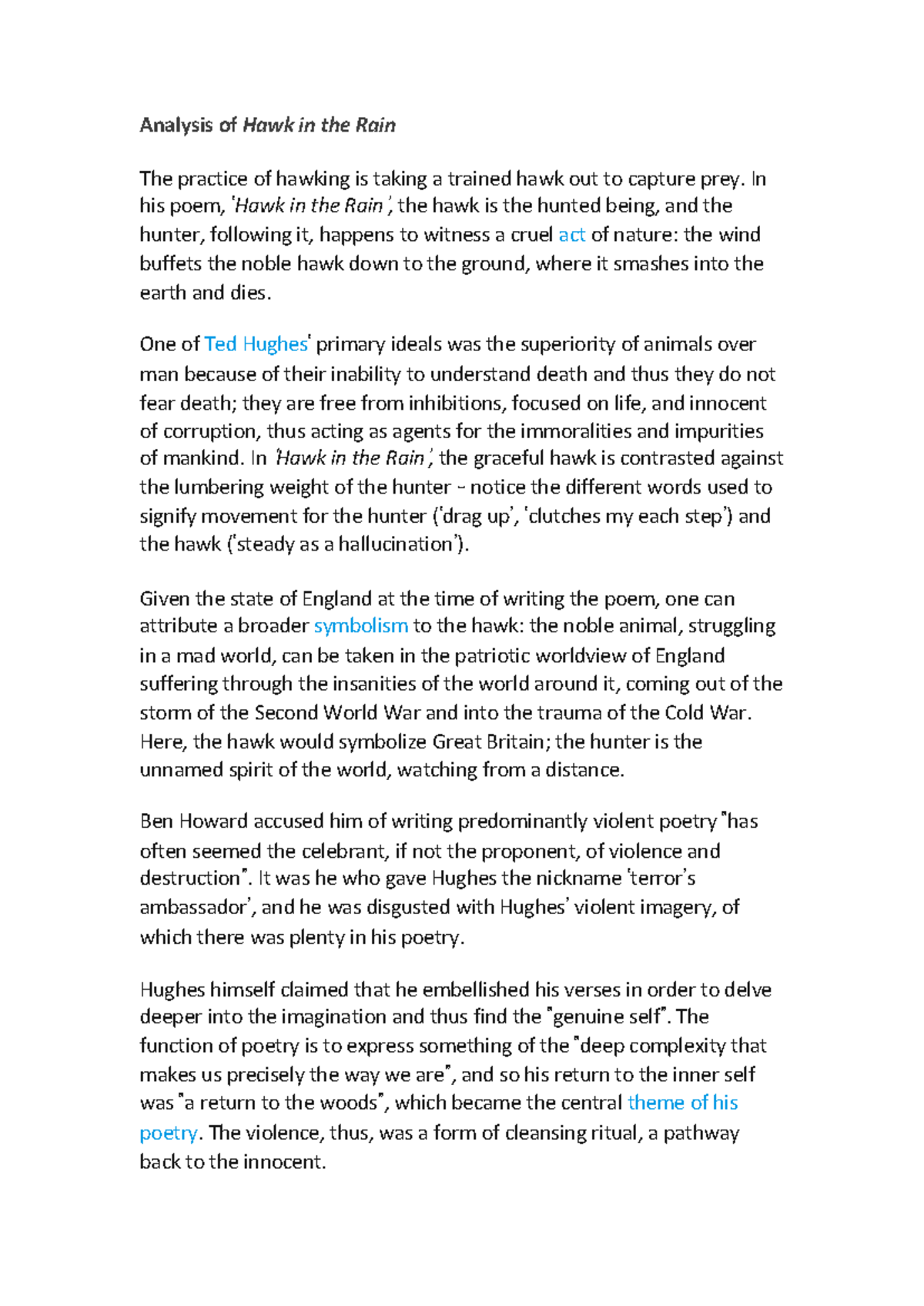 Hawk in the Rain: A Comprehensive Analysis of Ted Hughes' Poem - Studocu