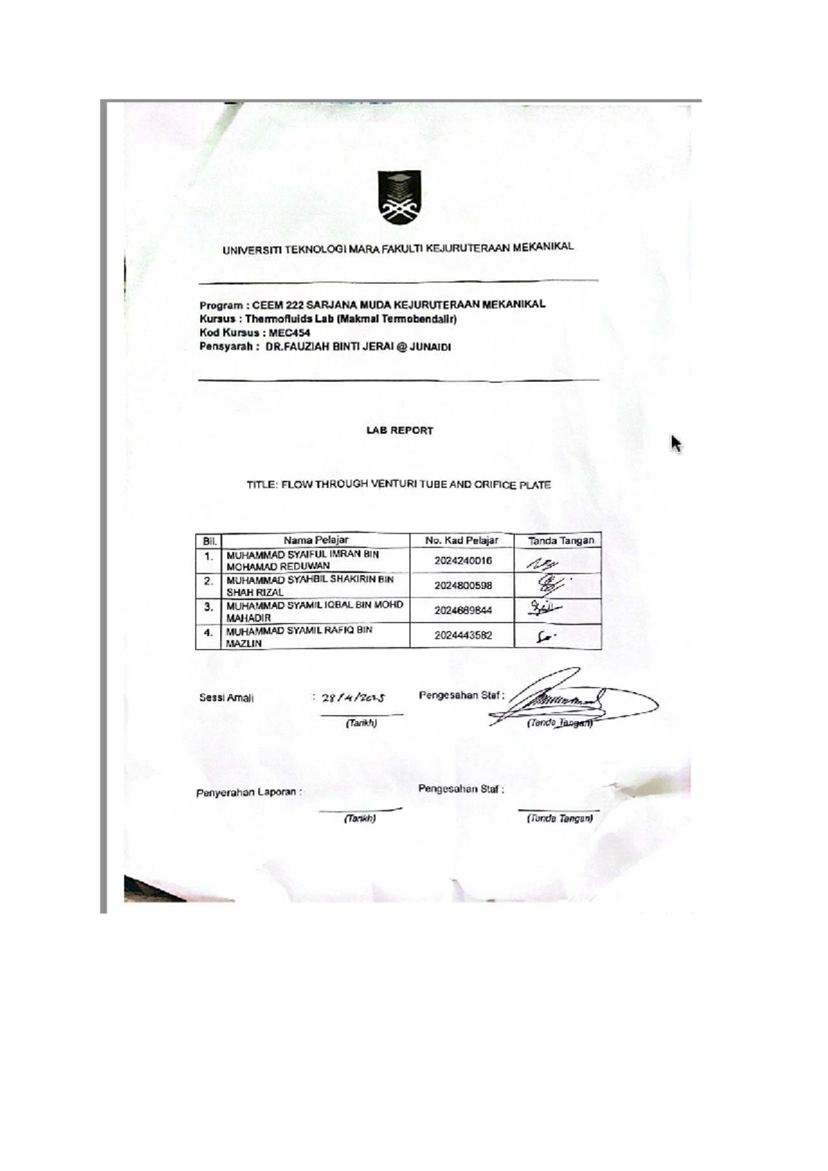 Lab Report: Flow Through Venturi Tube and Orifice Plate (ENG 202) - Studocu