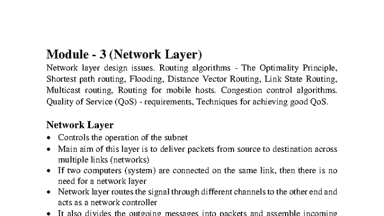 Module 3: Network Layer Design Issues & Routing Algorithms - Studocu
