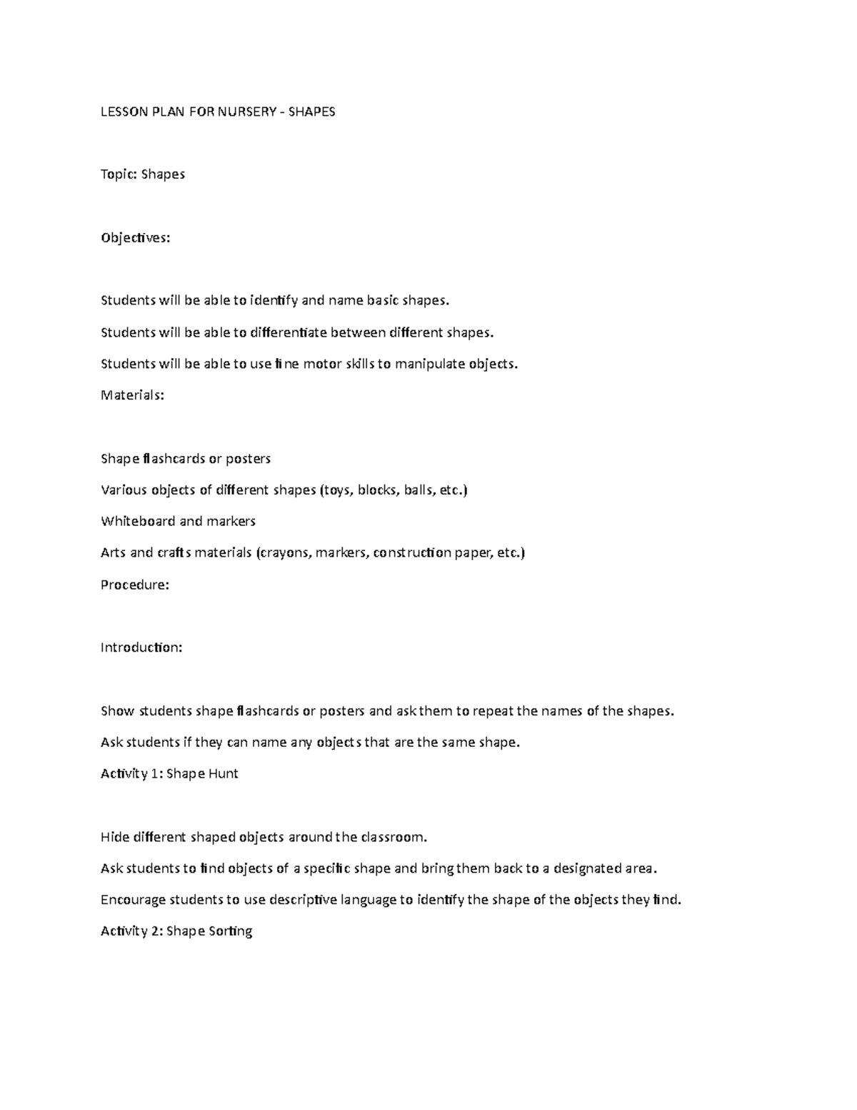 Nursery Lesson Plan: Engaging Activities for Learning Shapes - Studocu