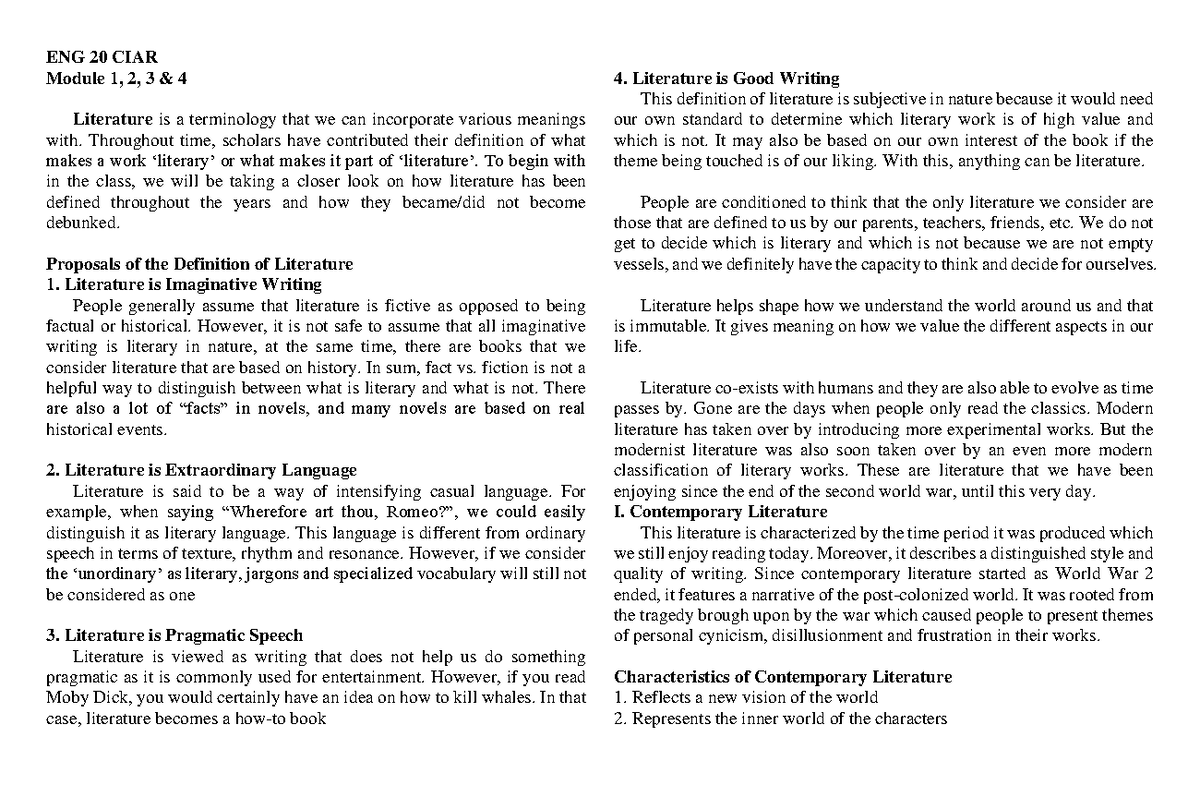 ENG 20 Lesson 1: Exploring Contemporary Literature and Its Definitions ...