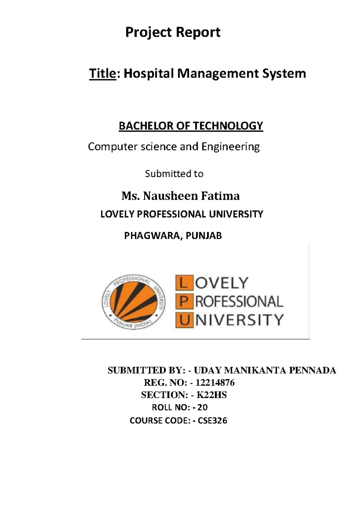 CSE 326 Project Report - Hospital Management System Development - Studocu