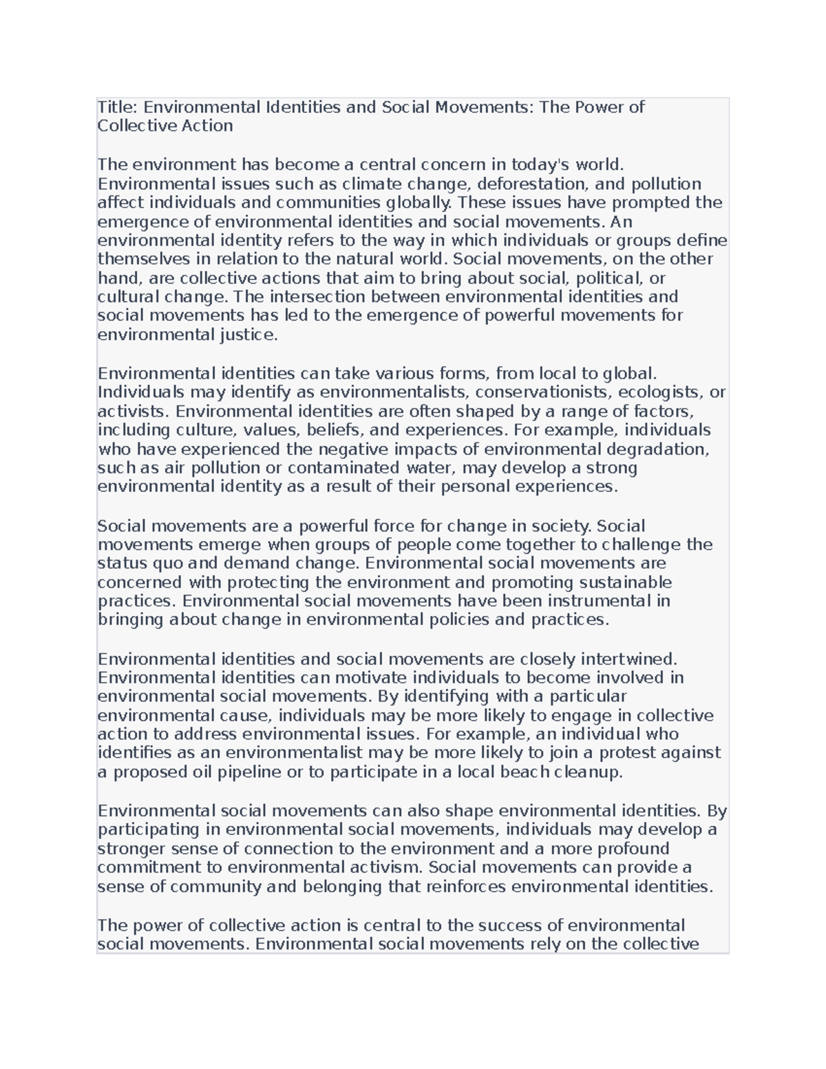 Environmental Identities and Social Movements - The Power of Collective ...