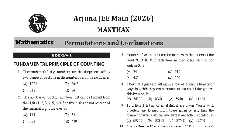 Permutation and Combination: Practice Sheet for JEE Main (2026) - Studocu
