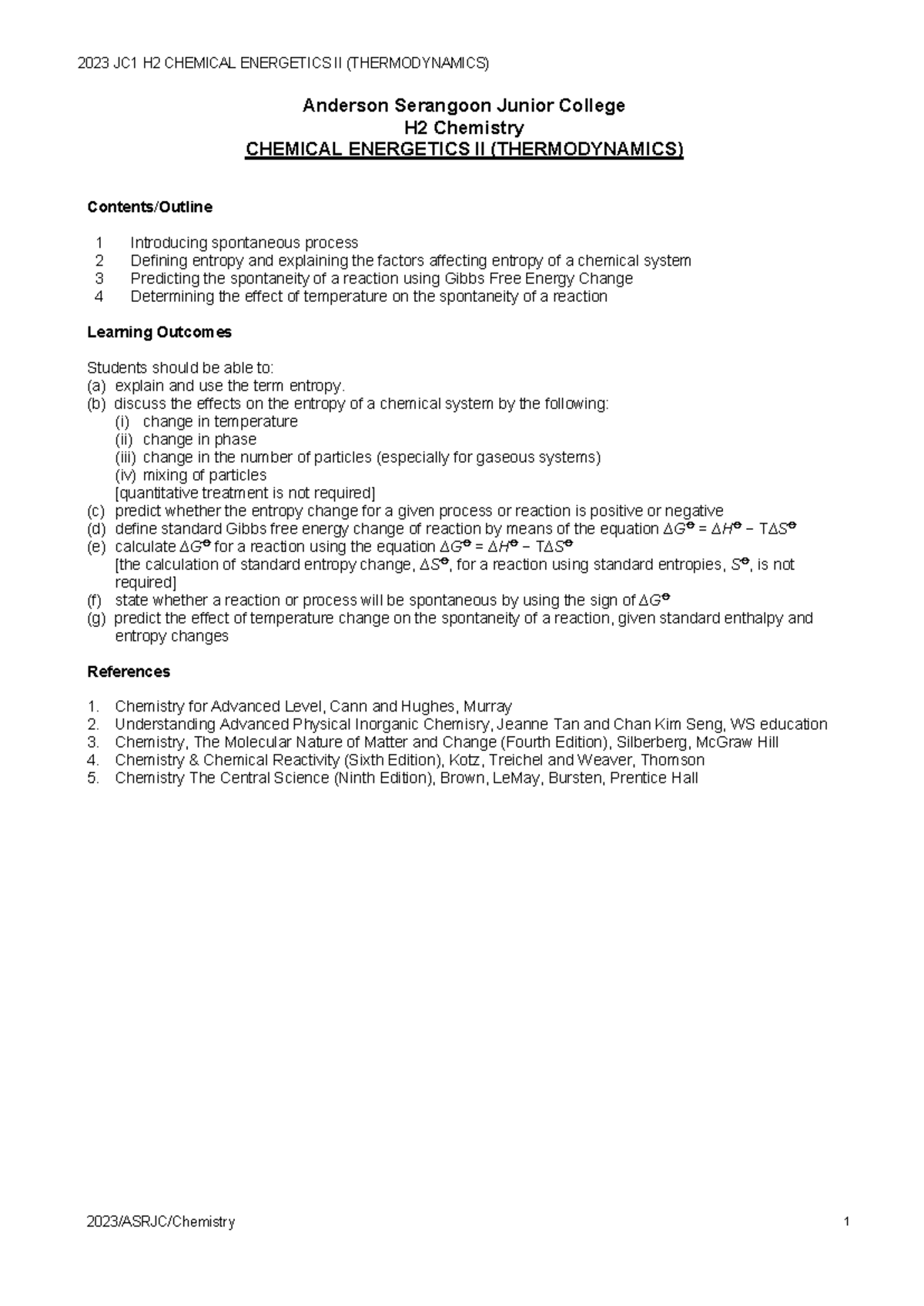2023 JC1 H2 CHEMICAL ENERGETICS II (THERMODYNAMICS) Lecture Notes - Studocu