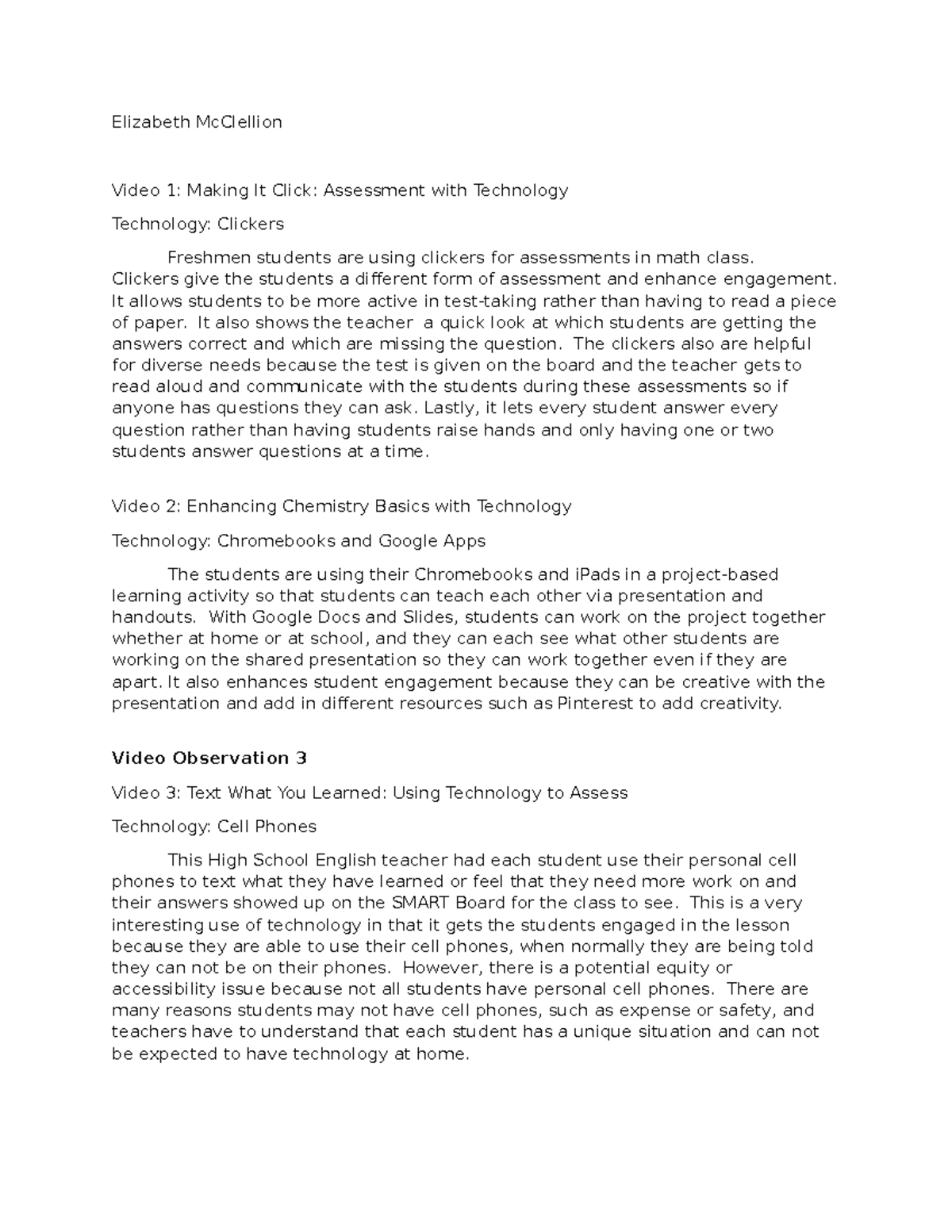 KQM3 task 2 video observations - Elizabeth McClellion Video 1: Making It Click: Assessment with ...
