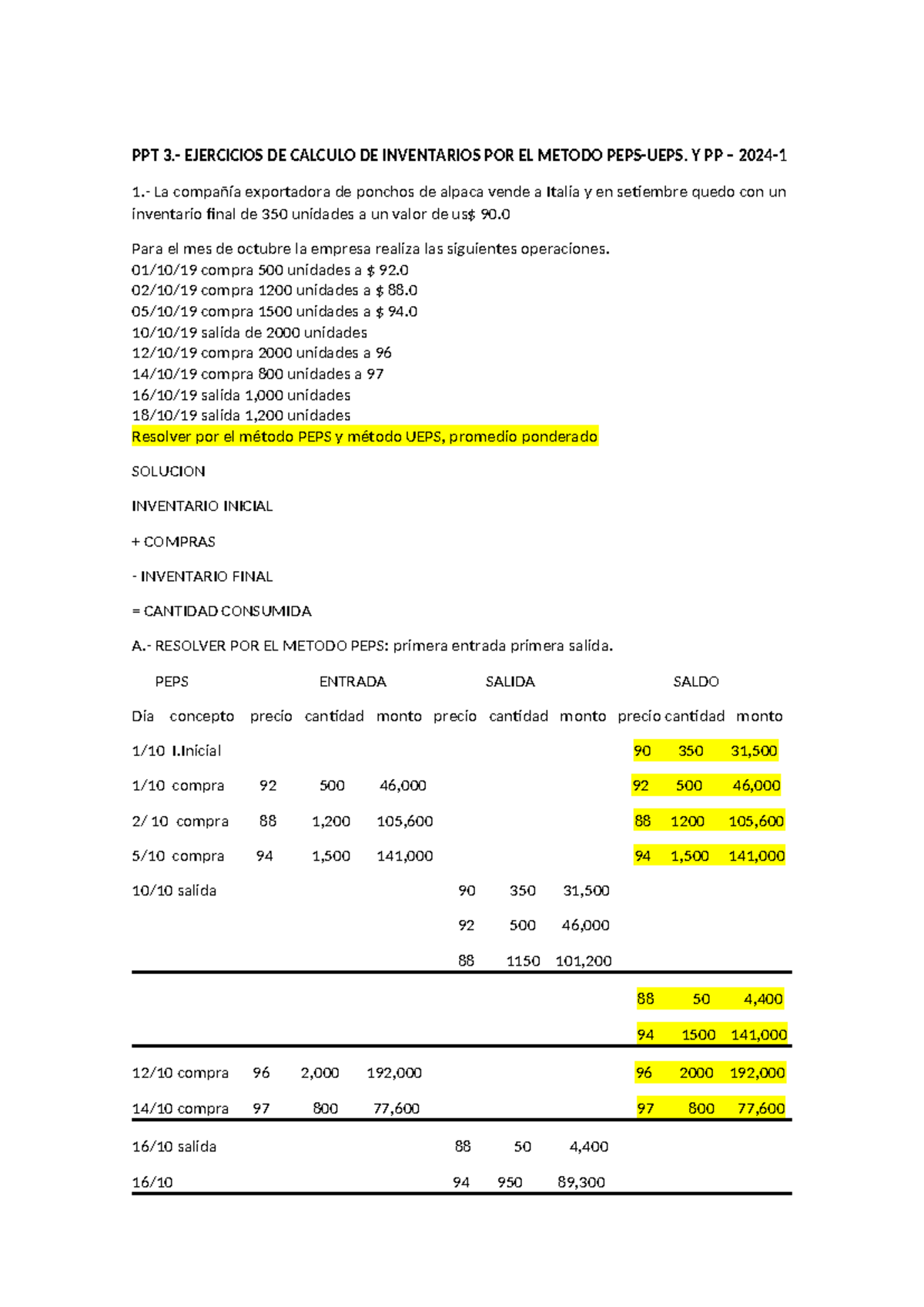 PPT 3.- Ejercicios de Cálculo de Inventarios: PEPS, UEPS, Prom ...