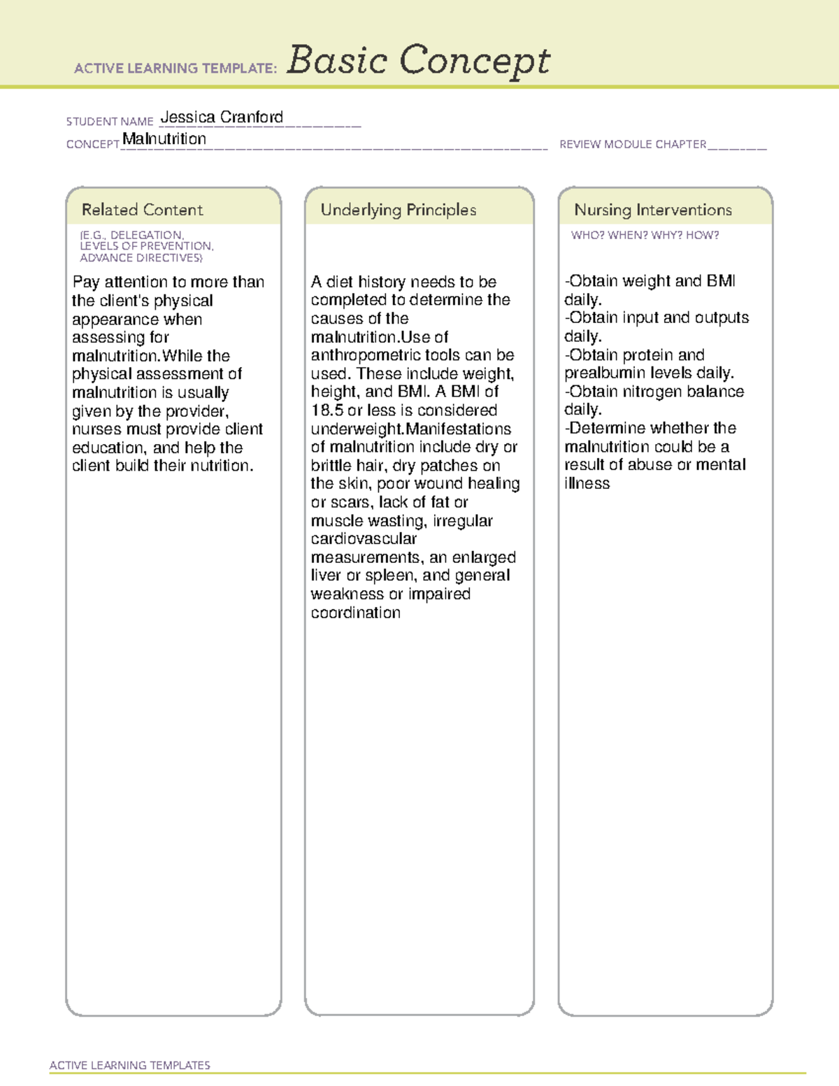 ACTIVE LEARNING TEMPLATE: Malnutrition Review Module (NUR 101) - Studocu