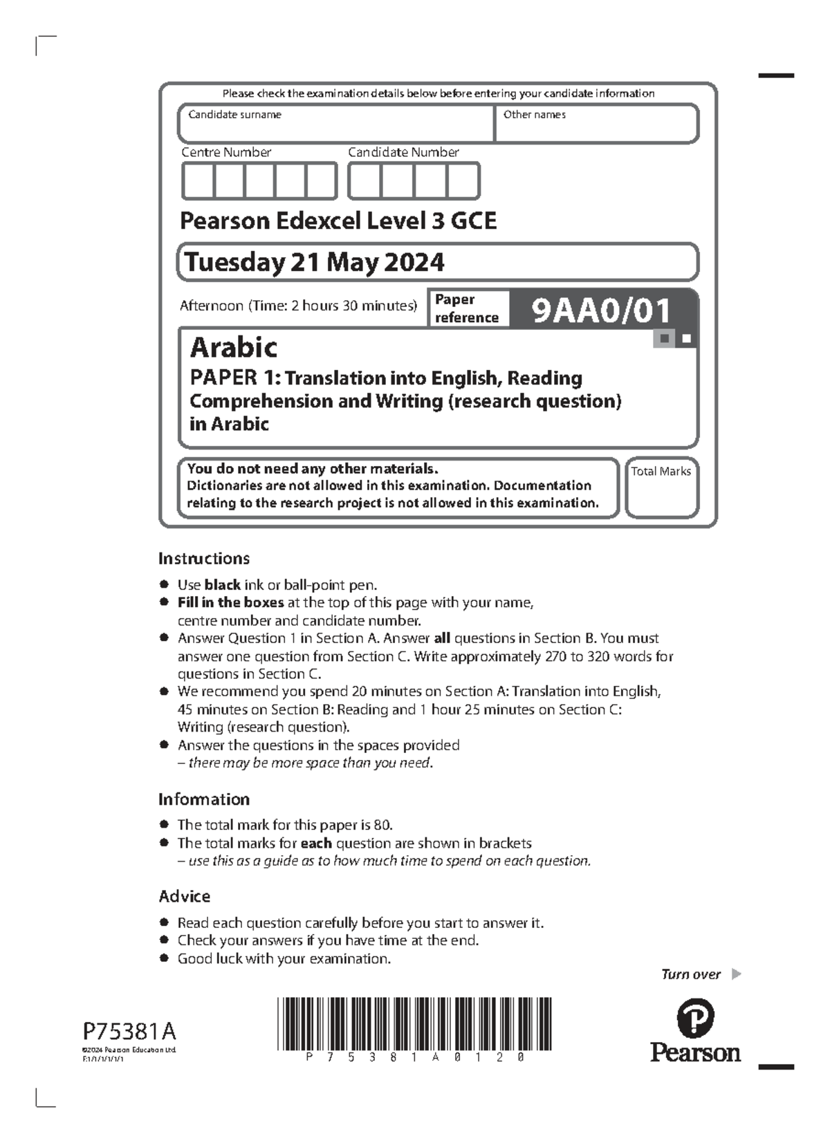 Arabic 9AA0/01 Exam Instructions and Details for May 2024 - Studocu