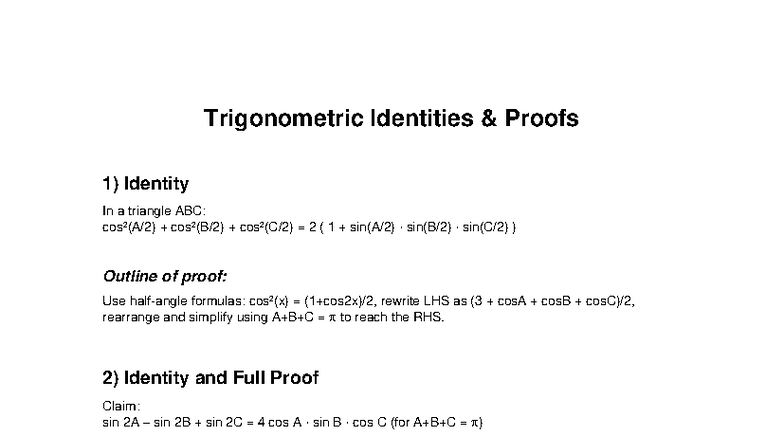 Trigonometry Identity Proofs Summary for Course Code: MATH101 - Studocu