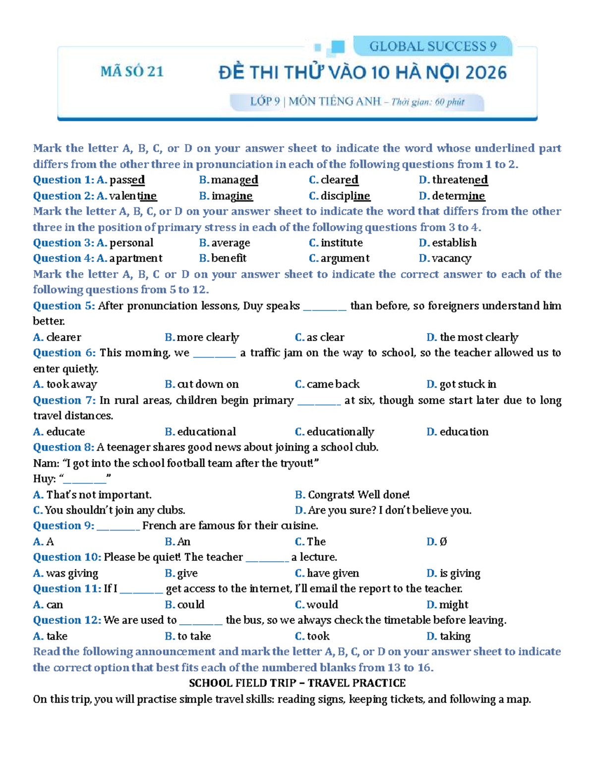 ĐỀ 21 - Practice Questions for English Pronunciation and Comprehension ...
