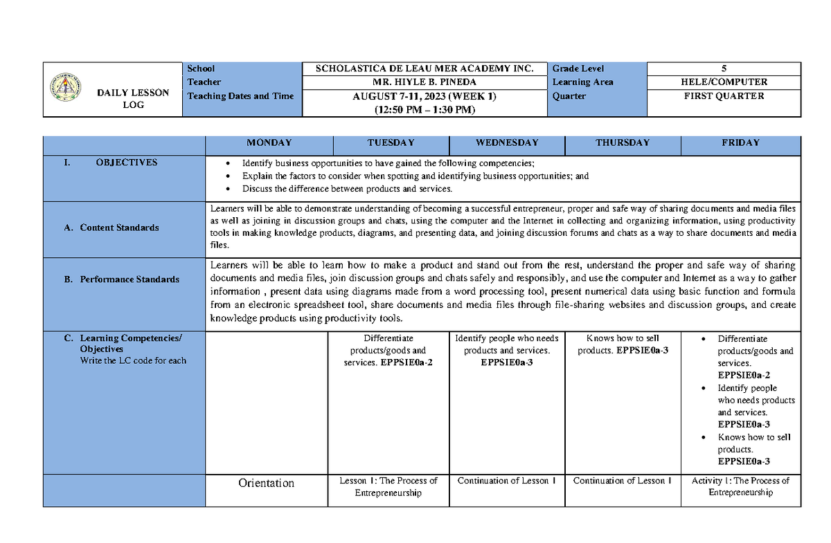 HELE & COM 5 DLL Week 1 - Daily Lesson Log Overview - Studocu