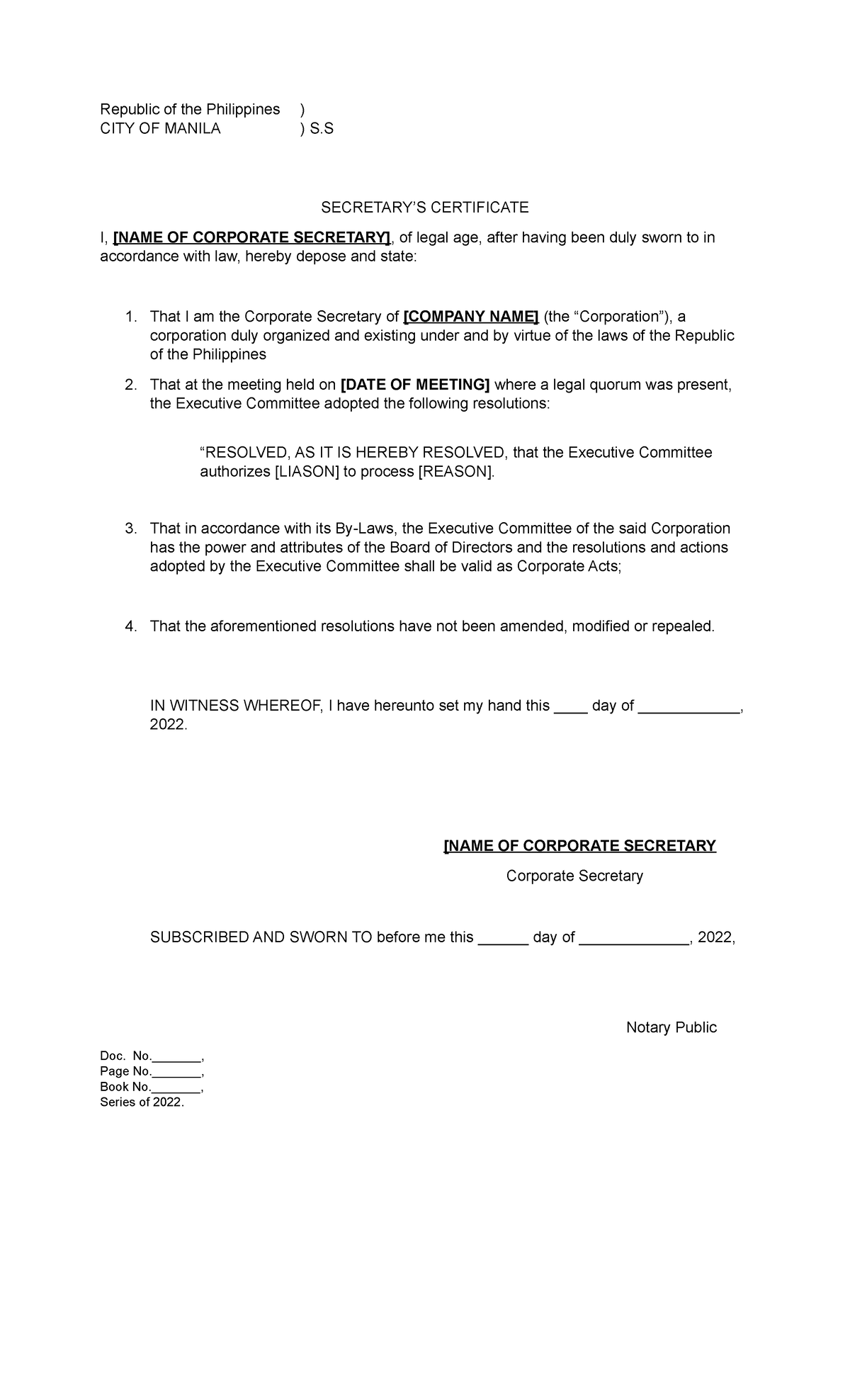 Secretary's Certificate Letter Format Template - Studocu