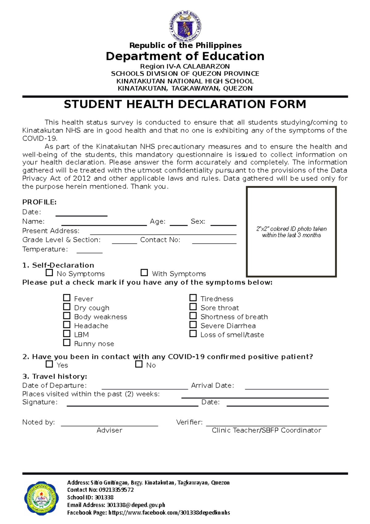 2021-2022 Student Health Declaration Form - Bachelor of Secondary ...
