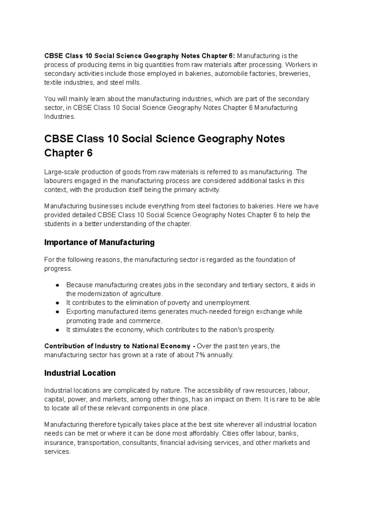 CBSE Class 10 Geography Notes: Chapter 6 - Manufacturing Industries ...
