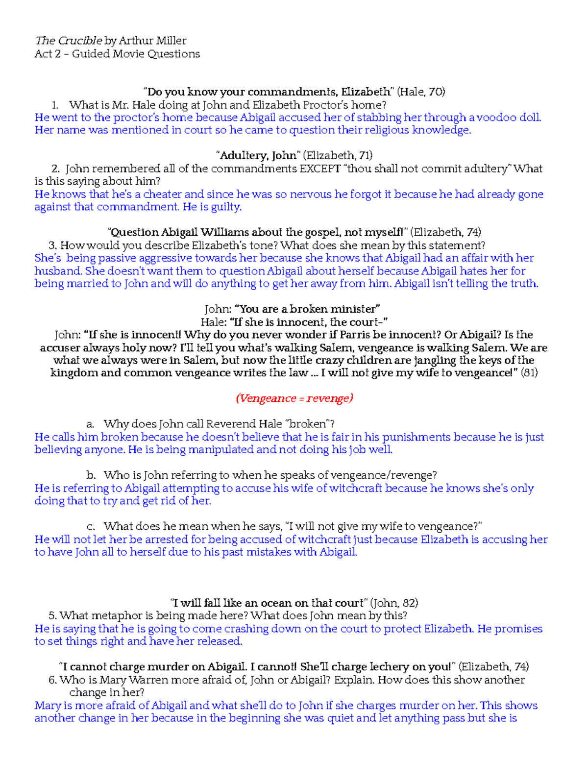 The Crucible (Act 2) Guided Movie Questions and Analysis - Studocu