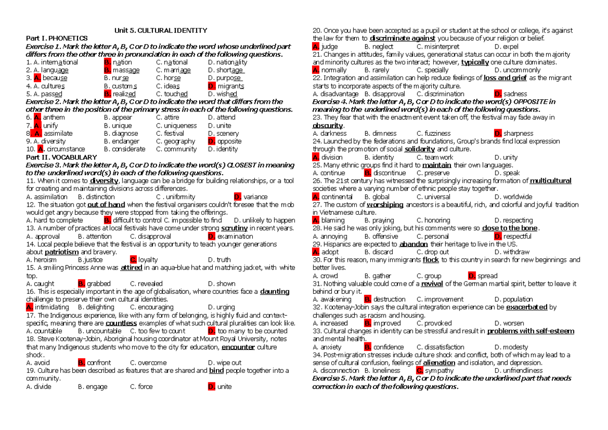 UNIT 5 - Cultural Identity Practice Exercises - Studocu