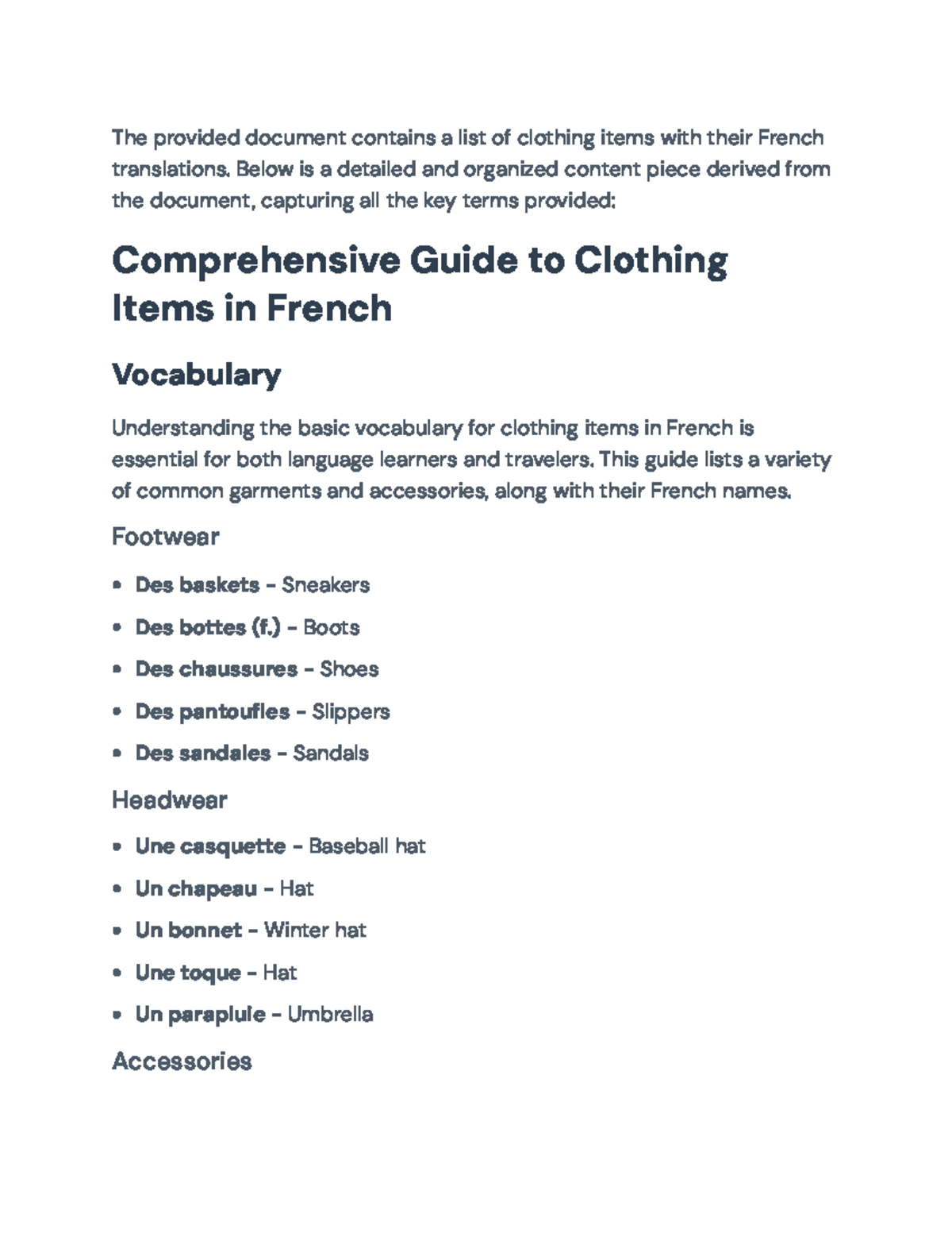 Comprehensive Guide to Clothing Vocabulary in French - The provided ...