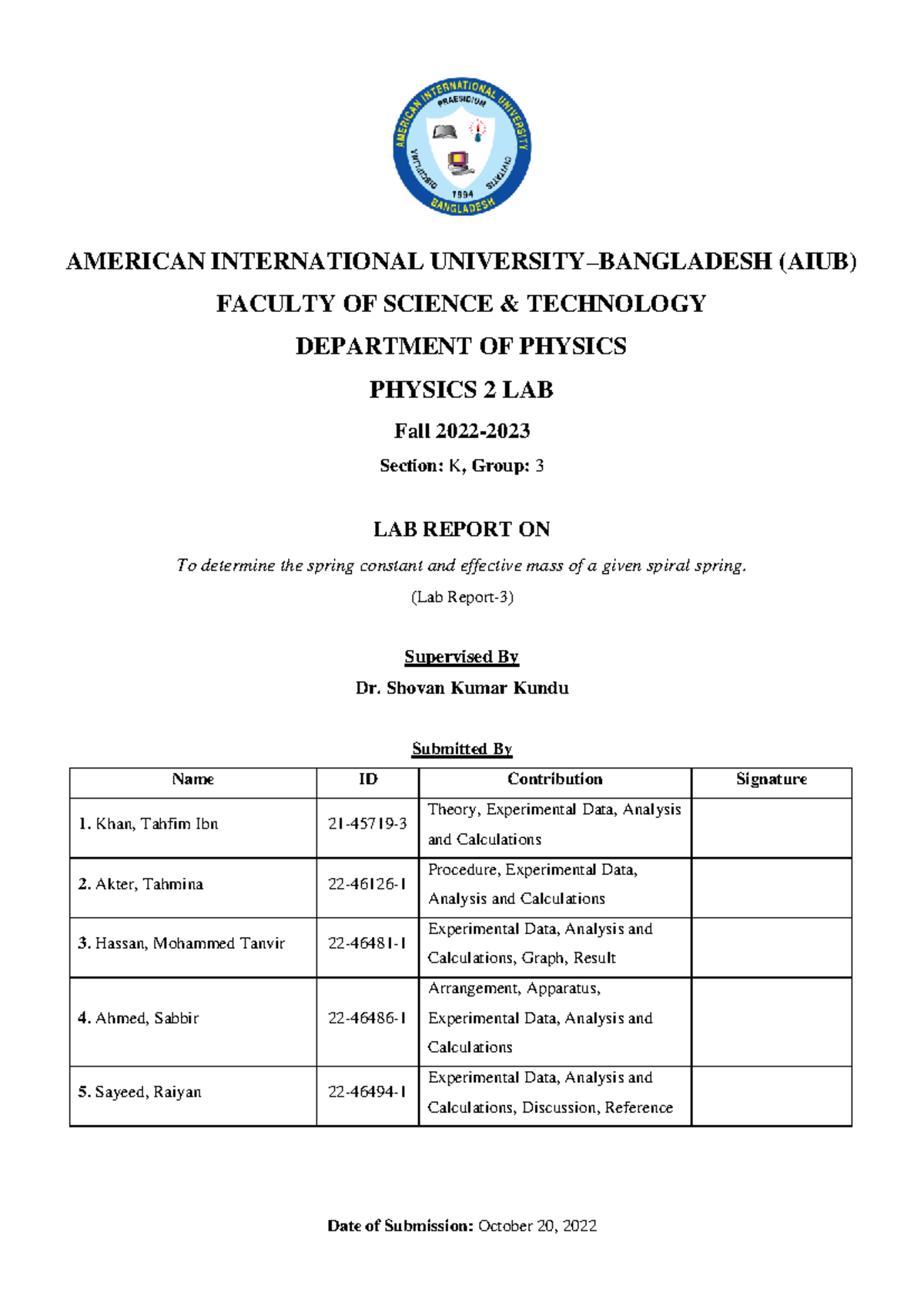 Lab Report 3: Spring Constant & Effective Mass Analysis (PHY 2 Lab ...