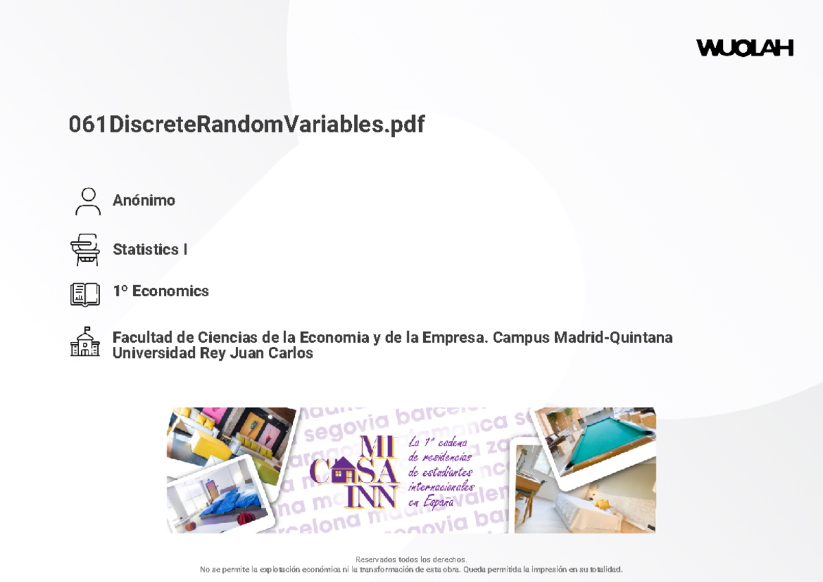 061 Statistics I: Discrete Random Variables and Probability ...