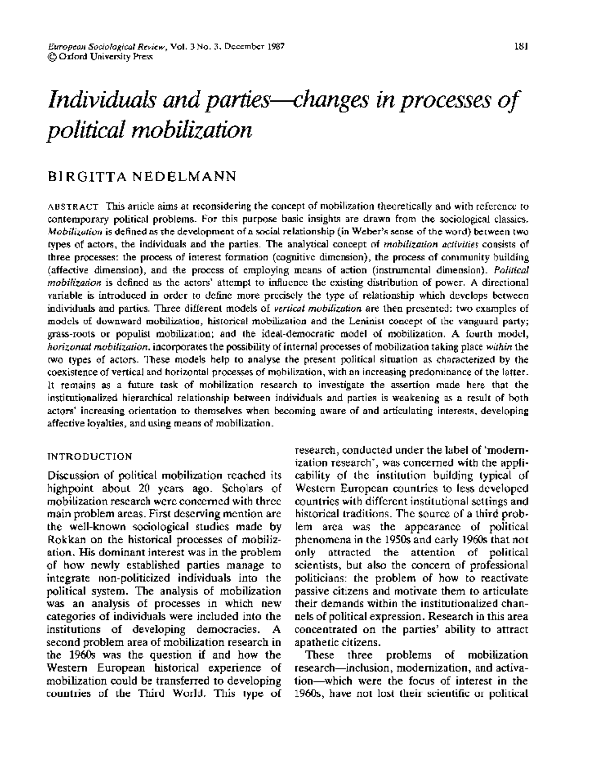 Political Mobilization: The Dynamics Between Individuals and Parties in ...