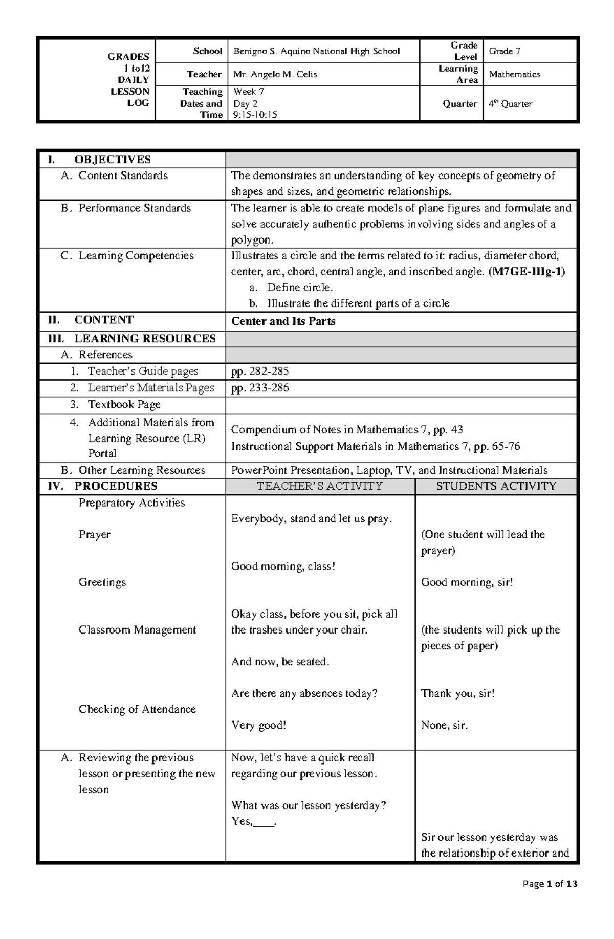 Last Lesson Plan: Grade 7 Math - Geometry of Circles (4th Quarter ...