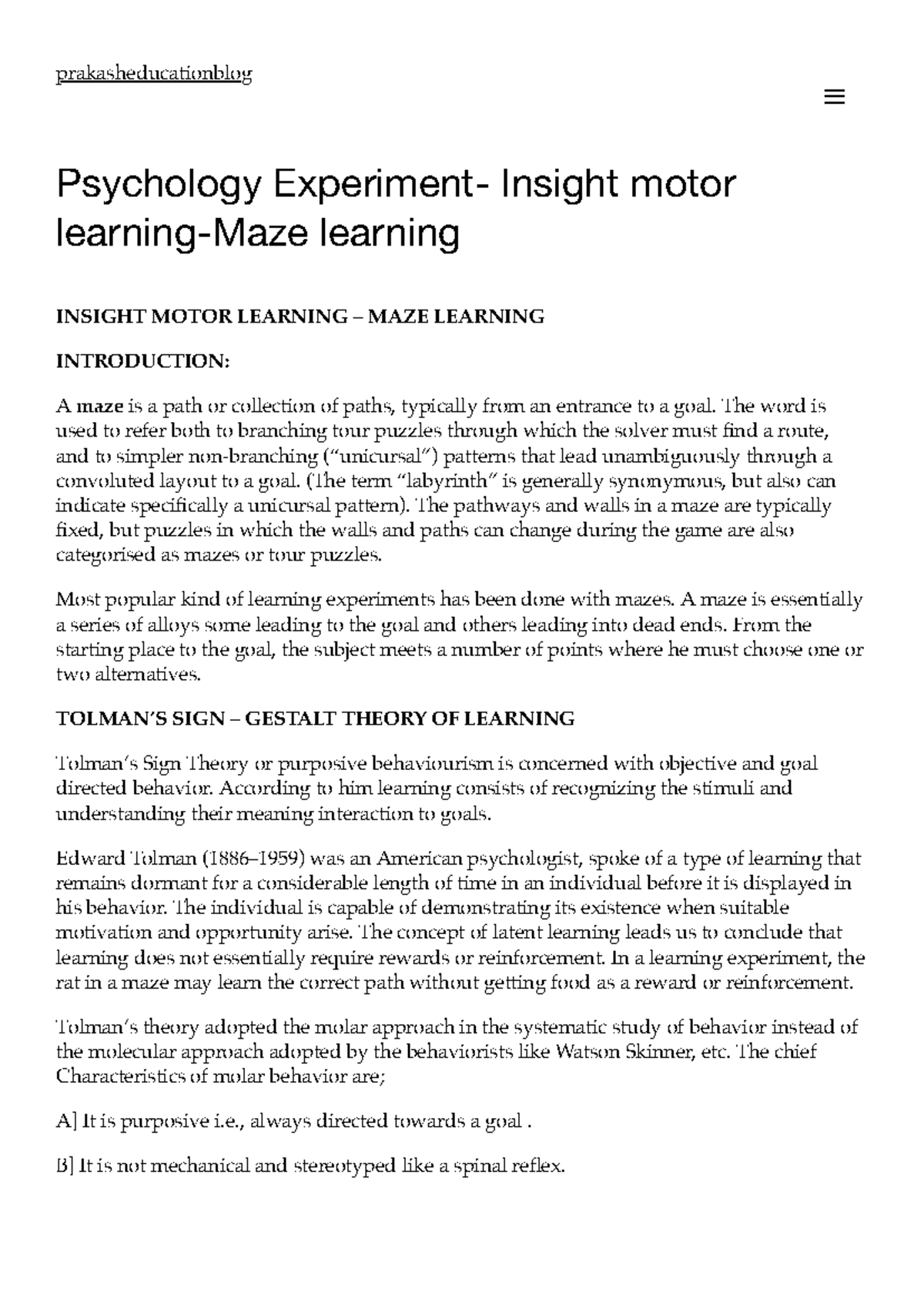 Psychology Experiment- Insight motor learning-Maze learning ...