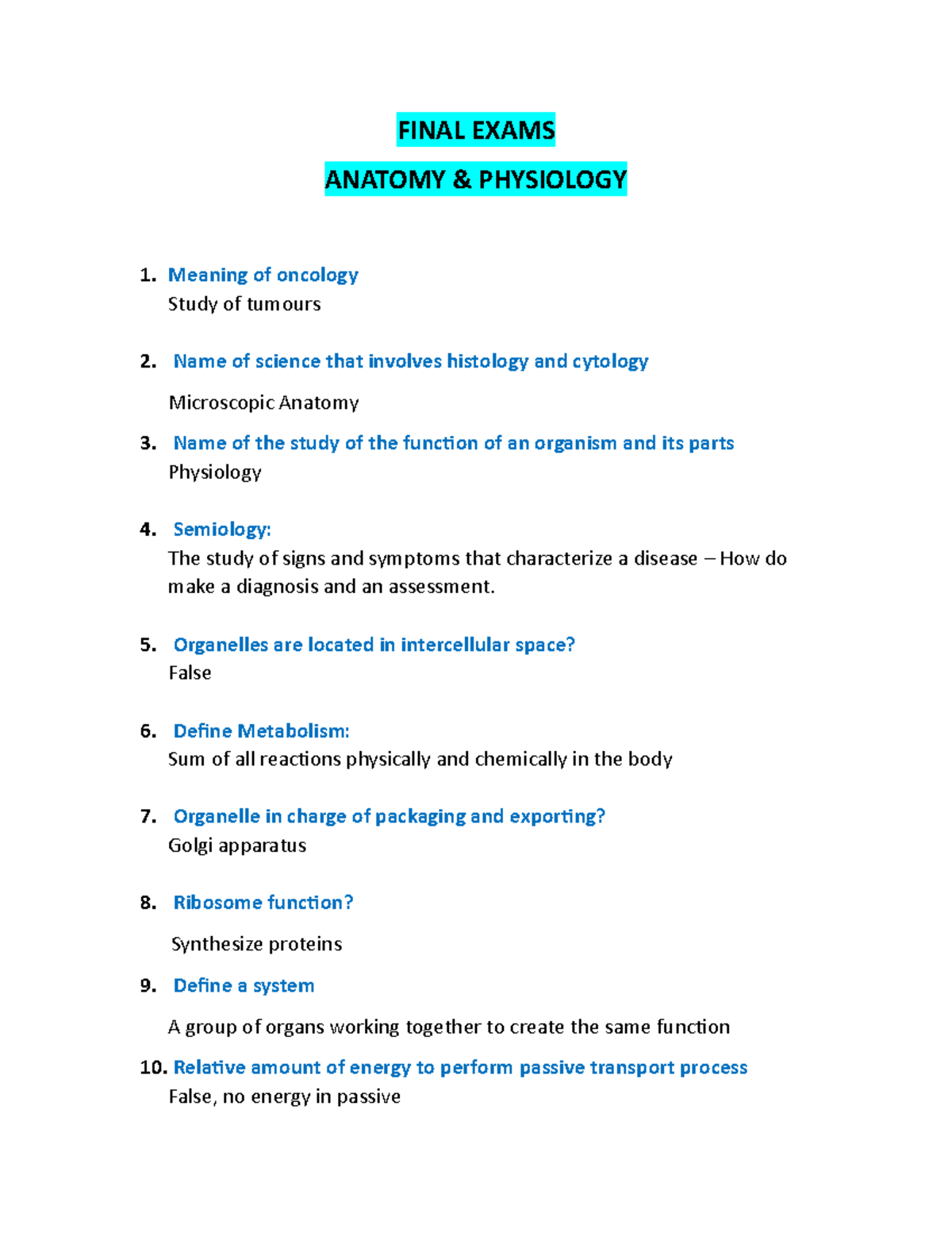 Final Exam - Anatomy & Physiology Review for Finals - Studocu