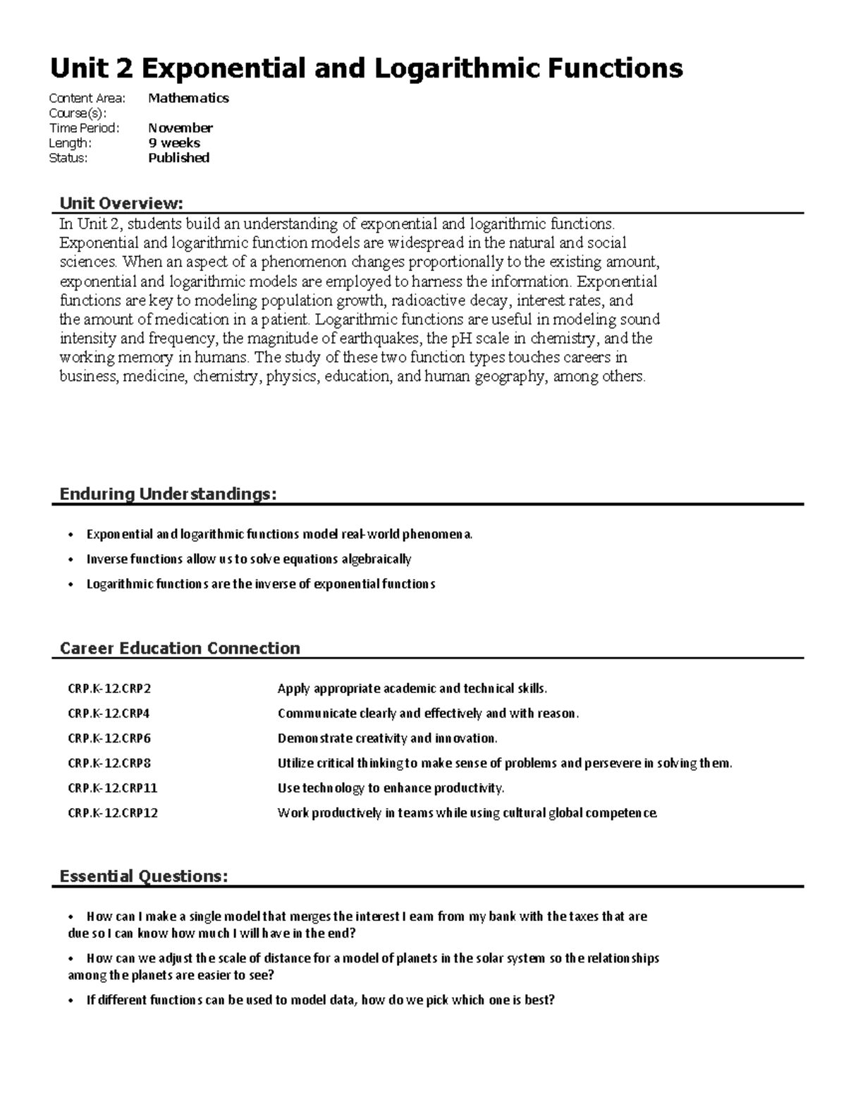 Unit 2: Exponential & Logarithmic Functions Overview (Math 2026) - Studocu