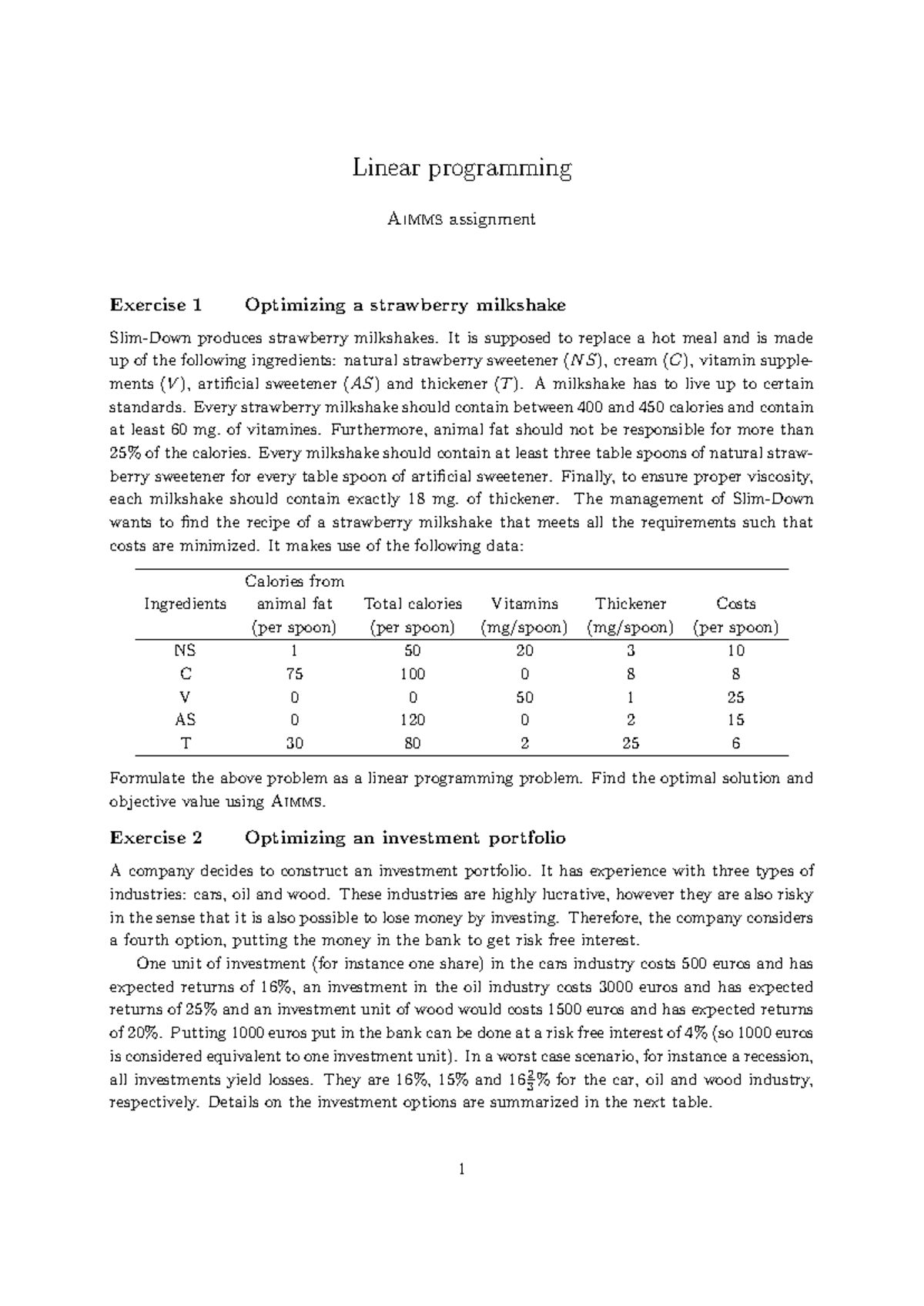 Linear Programming Assignment - Computer Tutorial 2: Milkshake ...