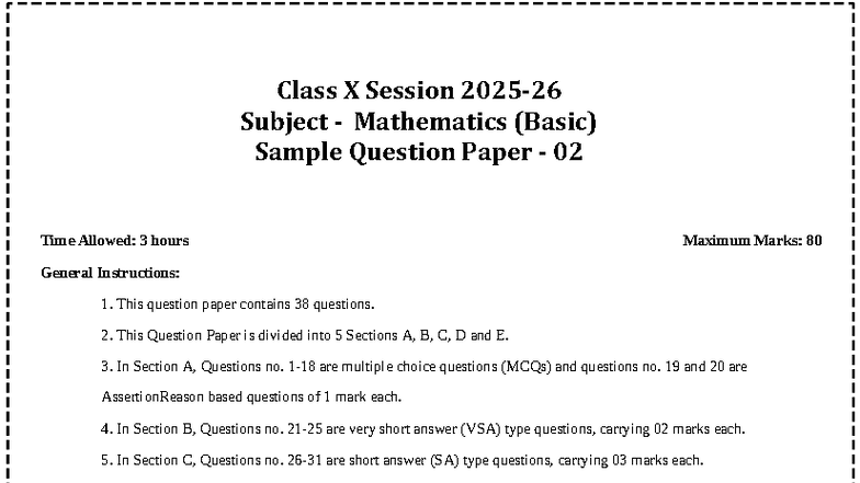 Class X Mathematics (Basic) Sample Question Paper 02 - 3 Hours, 80 Marks - Studocu