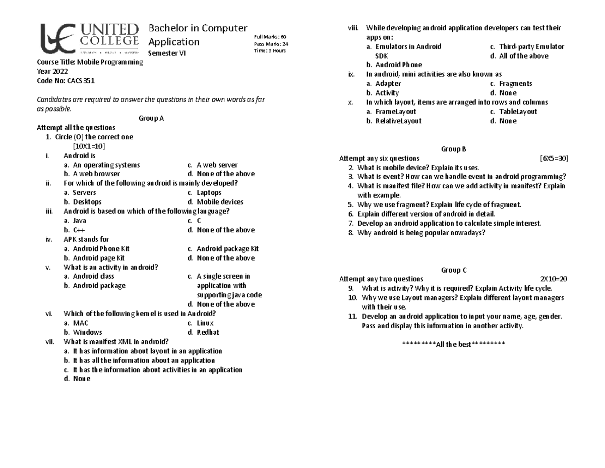 Question internal examination - Bachelor in Computer Application ...
