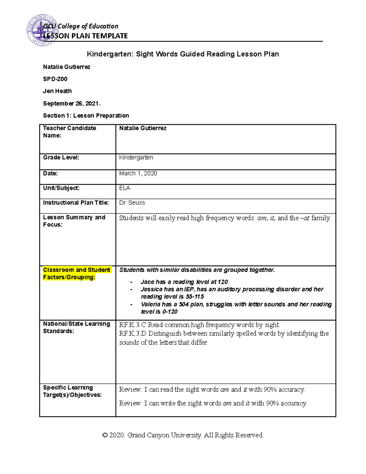 SPD-200 Differentiating Instruction - LESSON PLAN TEMPLATE Kindergarten ...