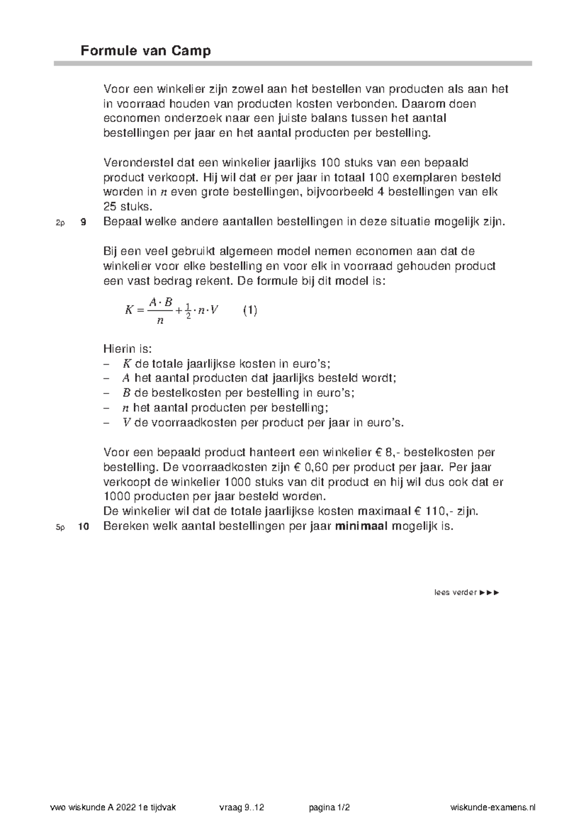 Vwo Wiskunde A 2022 - Formule van Camp en Bestelkosten Analyse ...
